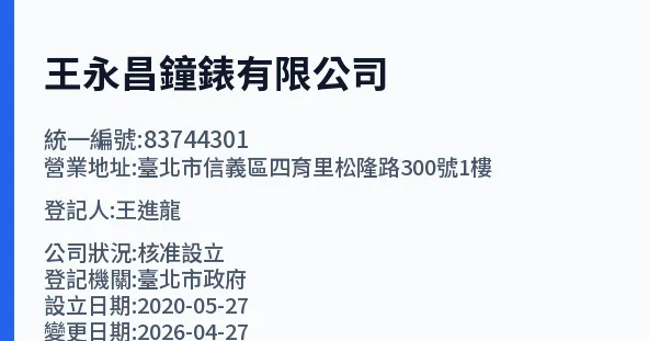 王永昌鐘錶有限公司的照片-統編 83744301(臺北市) 公司登記資料與營業項目詳細圖表