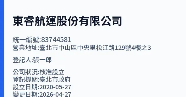 東睿航運股份有限公司的照片-統編 83744581(臺北市) 公司登記資料與營業項目詳細圖表
