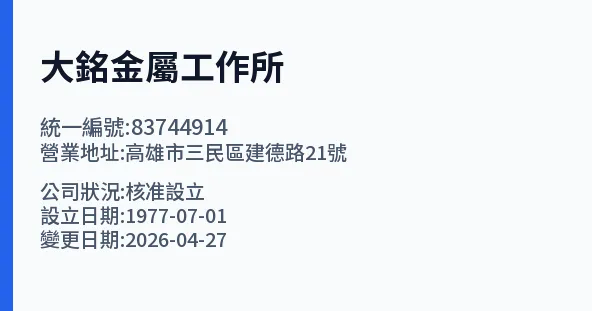 大銘金屬工作所的照片-統編 83744914(高雄市) 公司登記資料與營業項目詳細圖表