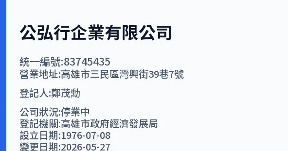 公弘行企業有限公司的照片-統編 83745435(高雄市) 公司登記資料與營業項目詳細圖表