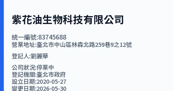 紫花油生物科技有限公司的照片-統編 83745688(臺北市) 公司登記資料與營業項目詳細圖表