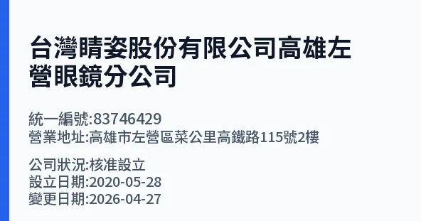 台灣睛姿股份有限公司高雄左營眼鏡分公司的照片-統編 83746429(高雄市) 公司登記資料與營業項目詳細圖表