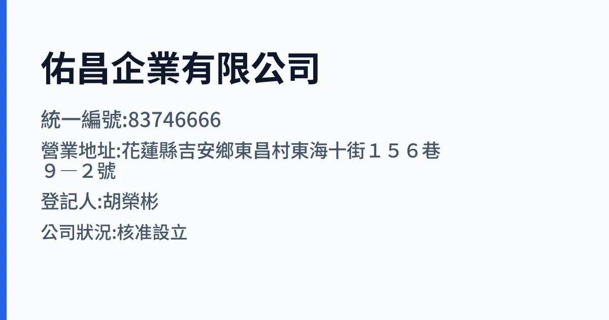 佑昌企業有限公司 - 統編 83746666(花蓮縣) 公司登記資料與營業項目詳細圖表