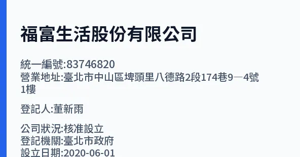 福富生活股份有限公司的照片-統編 83746820(臺北市) 公司登記資料與營業項目詳細圖表
