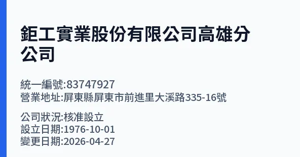 鉅工實業股份有限公司高雄分公司的照片-統編 83747927(屏東縣) 公司登記資料與營業項目詳細圖表