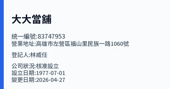 大大當舖的照片-統編 83747953(高雄市) 公司登記資料與營業項目詳細圖表