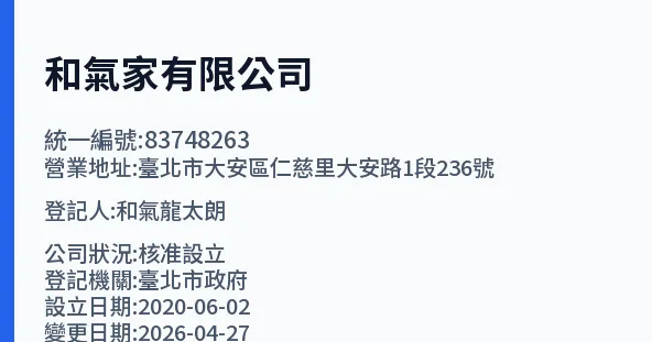 和氣家有限公司的照片-統編 83748263(臺北市) 公司登記資料與營業項目詳細圖表