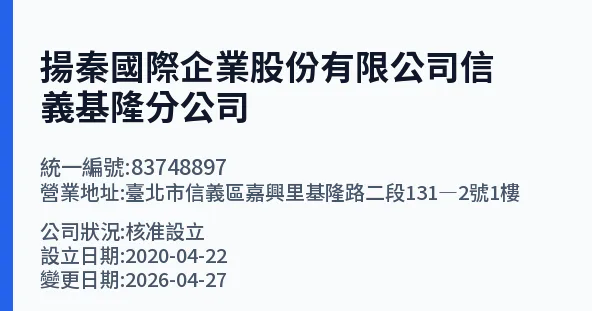 揚秦國際企業股份有限公司信義基隆分公司的照片-統編 83748897(臺北市) 公司登記資料與營業項目詳細圖表