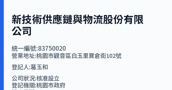 新技術供應鏈與物流股份有限公司的照片-統編 83750020(桃園市) 公司登記資料與營業項目詳細圖表