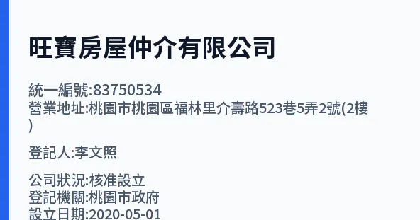 旺寶房屋仲介有限公司的照片-統編 83750534(桃園市) 公司登記資料與營業項目詳細圖表