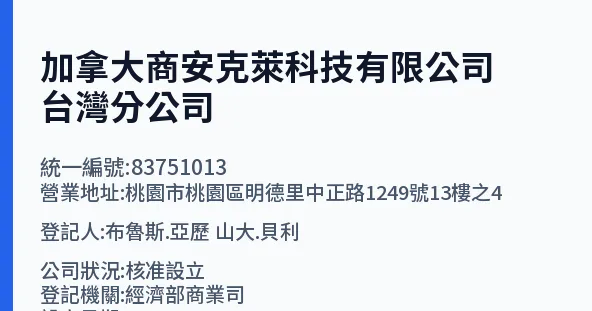 加拿大商安克萊科技有限公司台灣分公司的照片-統編 83751013(桃園市) 公司登記資料與營業項目詳細圖表
