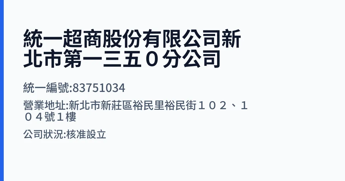 統一超商股份有限公司新北市第一三五０分公司 - 統編 83751034(新北市) 公司登記資料與營業項目詳細圖表