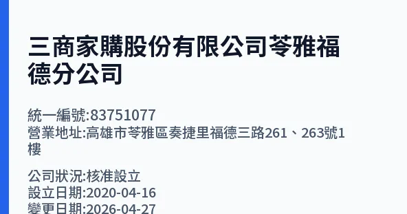 三商家購股份有限公司苓雅福德分公司的照片-統編 83751077(高雄市) 公司登記資料與營業項目詳細圖表
