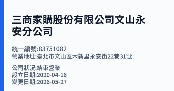 三商家購股份有限公司文山永安分公司的照片-統編 83751082(臺北市) 公司登記資料與營業項目詳細圖表