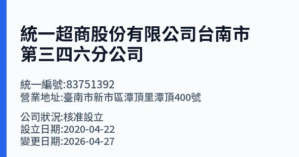 統一超商股份有限公司台南市第三四六分公司的照片-統編 83751392(臺南市) 公司登記資料與營業項目詳細圖表