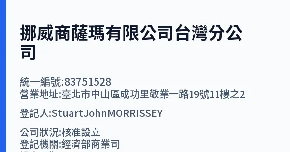 挪威商薩瑪有限公司台灣分公司的照片-統編 83751528(臺北市) 公司登記資料與營業項目詳細圖表