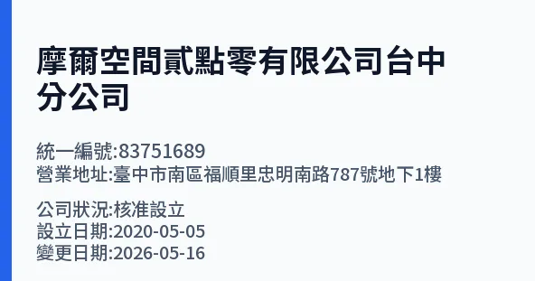 摩爾空間貳點零有限公司台中分公司的照片-統編 83751689(臺中市) 公司登記資料與營業項目詳細圖表