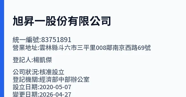 旭昇一股份有限公司的照片-統編 83751891(雲林縣) 公司登記資料與營業項目詳細圖表
