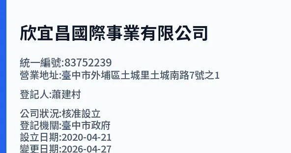 欣宜昌國際事業有限公司的照片-統編 83752239(臺中市) 公司登記資料與營業項目詳細圖表