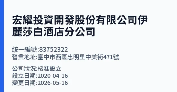 宏耀投資開發股份有限公司伊麗莎白酒店分公司的照片-統編 83752322(臺中市) 公司登記資料與營業項目詳細圖表
