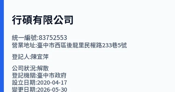 行碩有限公司的照片-統編 83752553(臺中市) 公司登記資料與營業項目詳細圖表