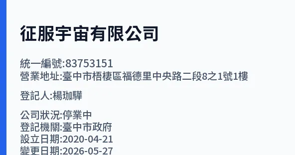 征服宇宙有限公司的照片-統編 83753151(臺中市) 公司登記資料與營業項目詳細圖表