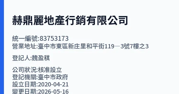 赫鼎麗地產行銷有限公司的照片-統編 83753173(臺中市) 公司登記資料與營業項目詳細圖表