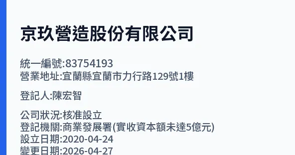 京玖營造股份有限公司的照片-統編 83754193(宜蘭縣) 公司登記資料與營業項目詳細圖表