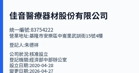佳音醫療器材股份有限公司的照片-統編 83754222(基隆市) 公司登記資料與營業項目詳細圖表