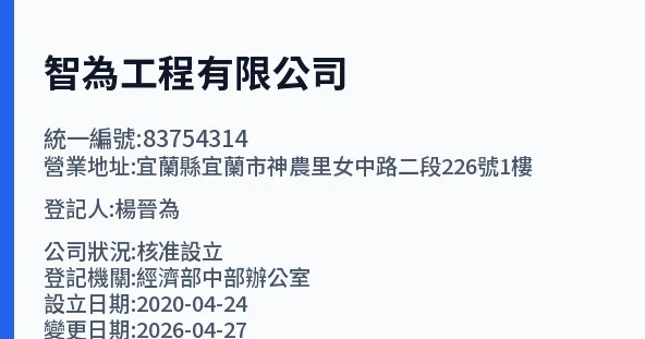 智為工程有限公司的照片-統編 83754314(宜蘭縣) 公司登記資料與營業項目詳細圖表