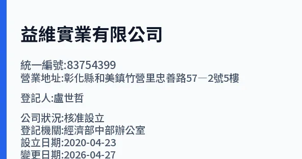 益維實業有限公司的照片-統編 83754399(彰化縣) 公司登記資料與營業項目詳細圖表
