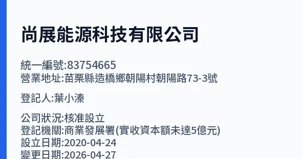 尚展能源科技有限公司的照片-統編 83754665(苗栗縣) 公司登記資料與營業項目詳細圖表
