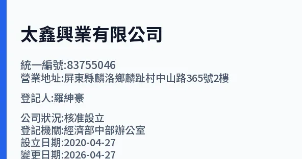 太鑫興業有限公司的照片-統編 83755046(屏東縣) 公司登記資料與營業項目詳細圖表