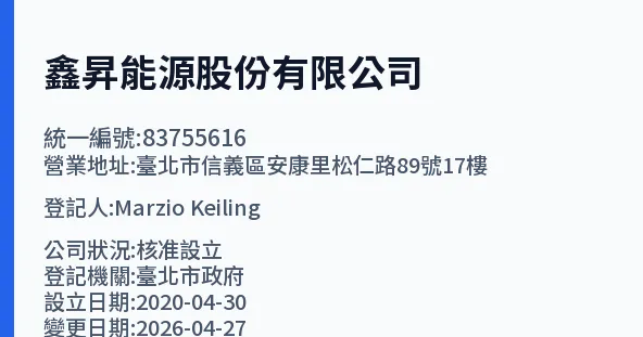 鑫昇能源股份有限公司的照片-統編 83755616(臺北市) 公司登記資料與營業項目詳細圖表