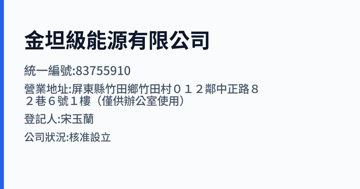 金坦級能源有限公司 - 統編 83755910(屏東縣) 公司登記資料與營業項目詳細圖表