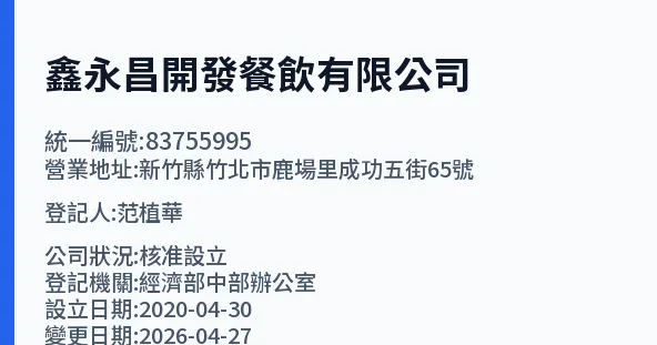 鑫永昌開發餐飲有限公司的照片-統編 83755995(新竹縣) 公司登記資料與營業項目詳細圖表
