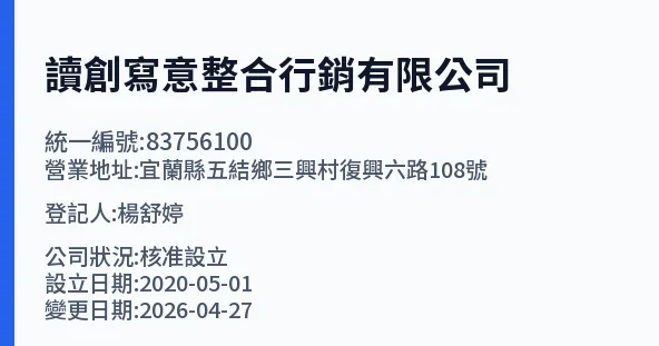 讀創寫意整合行銷有限公司的照片-統編 83756100(宜蘭縣) 公司登記資料與營業項目詳細圖表