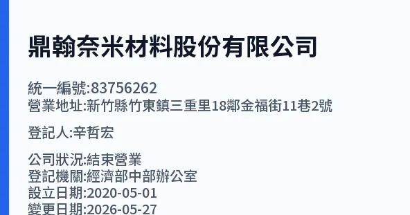 鼎翰奈米材料股份有限公司的照片-統編 83756262(新竹縣) 公司登記資料與營業項目詳細圖表