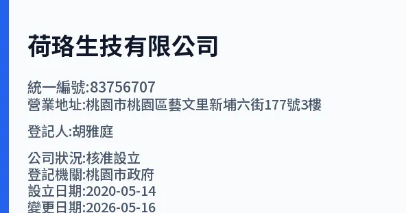 荷珞生技有限公司的照片-統編 83756707(桃園市) 公司登記資料與營業項目詳細圖表