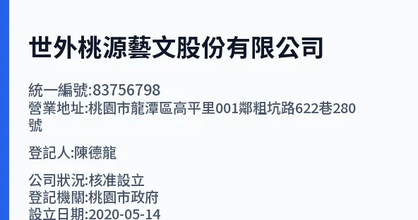 世外桃源藝文股份有限公司的照片-統編 83756798(桃園市) 公司登記資料與營業項目詳細圖表