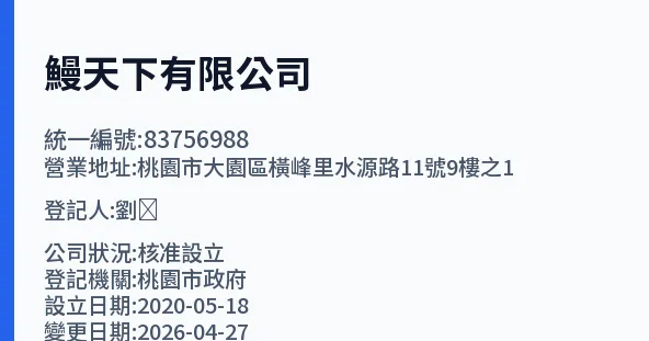 鰻天下有限公司的照片-統編 83756988(桃園市) 公司登記資料與營業項目詳細圖表