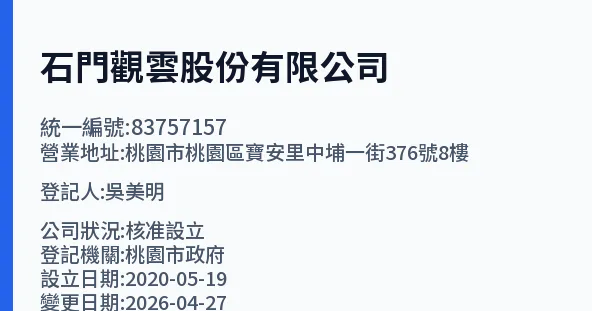 石門觀雲股份有限公司的照片-統編 83757157(桃園市) 公司登記資料與營業項目詳細圖表