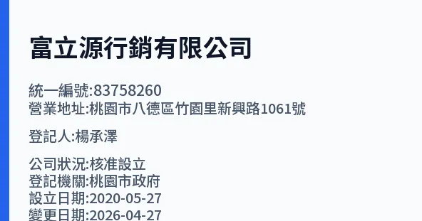 富立源行銷有限公司的照片-統編 83758260(桃園市) 公司登記資料與營業項目詳細圖表