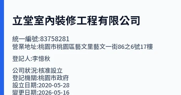 立堂室內裝修工程有限公司的照片-統編 83758281(桃園市) 公司登記資料與營業項目詳細圖表
