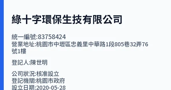 綠十字環保生技有限公司的照片-統編 83758424(桃園市) 公司登記資料與營業項目詳細圖表
