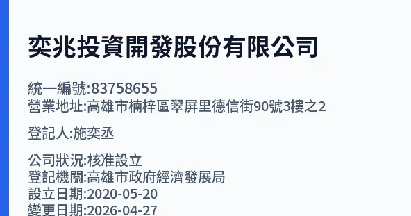 奕兆投資開發股份有限公司的照片-統編 83758655(高雄市) 公司登記資料與營業項目詳細圖表