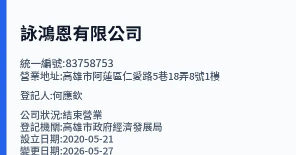 詠鴻恩有限公司的照片-統編 83758753(高雄市) 公司登記資料與營業項目詳細圖表