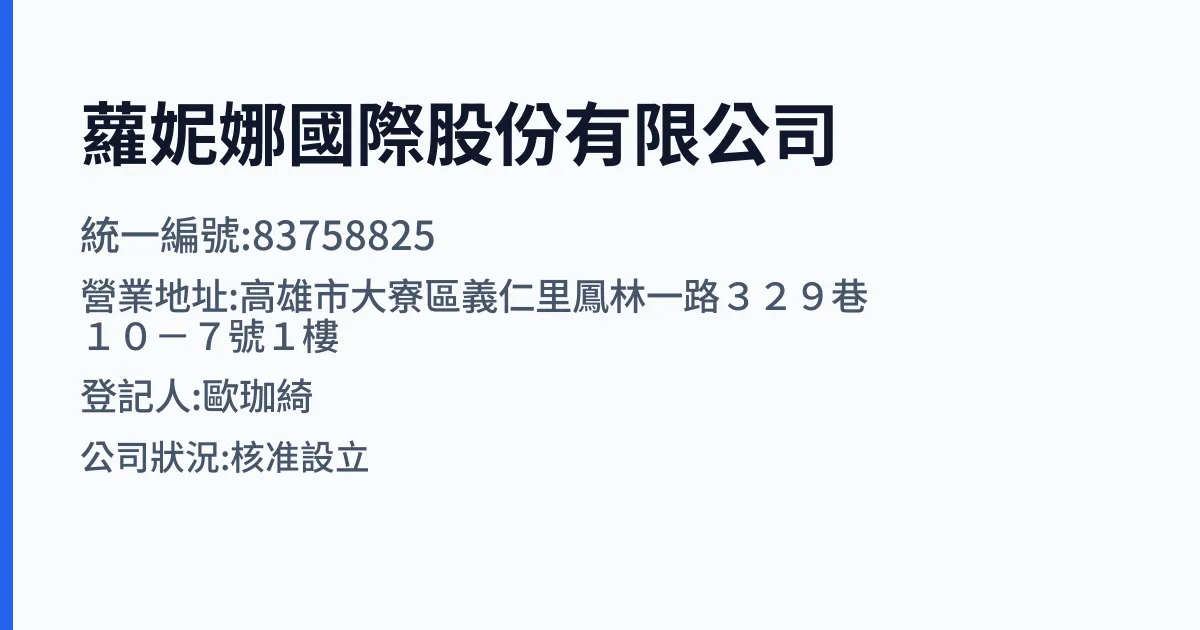 蘿妮娜國際股份有限公司 - 統編 83758825(高雄市) 公司登記資料與營業項目詳細圖表
