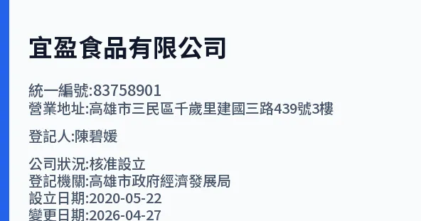 宜盈食品有限公司的照片-統編 83758901(高雄市) 公司登記資料與營業項目詳細圖表