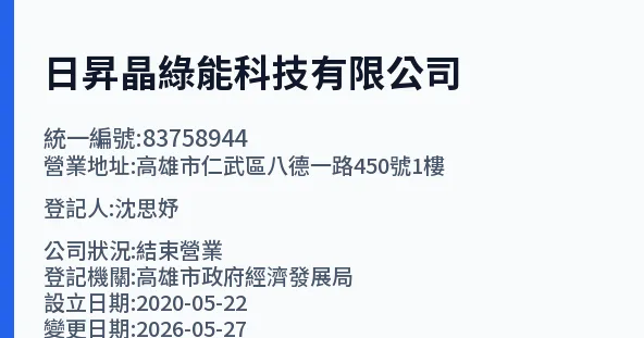 日昇晶綠能科技有限公司的照片-統編 83758944(高雄市) 公司登記資料與營業項目詳細圖表